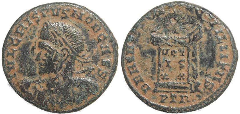 Roman coin of Crispus - BEATA TRANQVILLITAS - Treveri – Cerberus ...