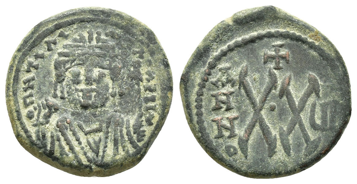 Byzantine coin of Maurice Tiberius AE Half Follis - Antioch – Cerberus ...