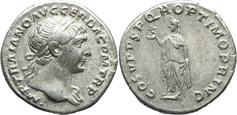 Roman silver coin of the Emperor Trajan - COS V PP SPQR OPTIMO PRINC ...