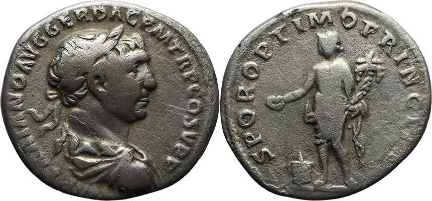 Ancient Roman silver coin of the Emperor Trajan minted in Rome ...