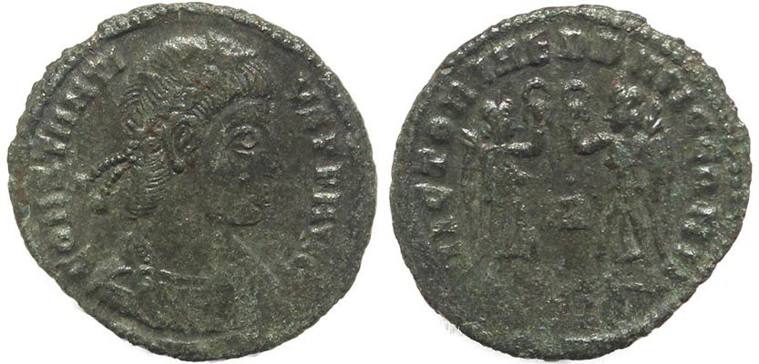Roman coin of Constantius II - VICTORIAE DD AVGG Q NN – Cerberus ...