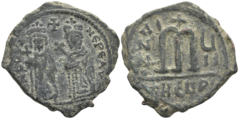 Ancient Byzantine coin of the Emperor Phocas and Leontia AE follis min ...
