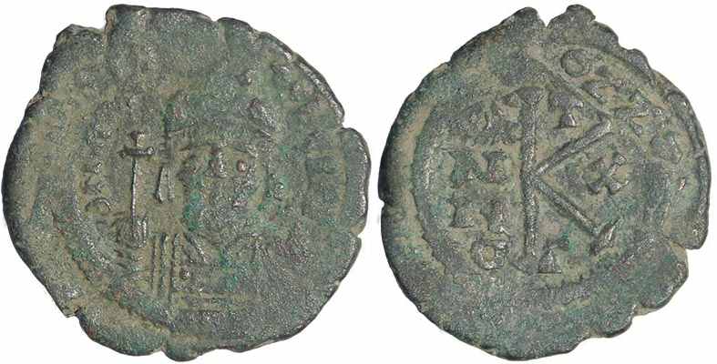 Byzantine coin of Maurice Tiberius AE Half Follis - Year 10 – Cerberus ...